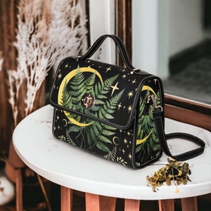 Whimsigoth Dark Cottagecore Canvas Satchel Bag, Moon Stars Fern Purse ...
