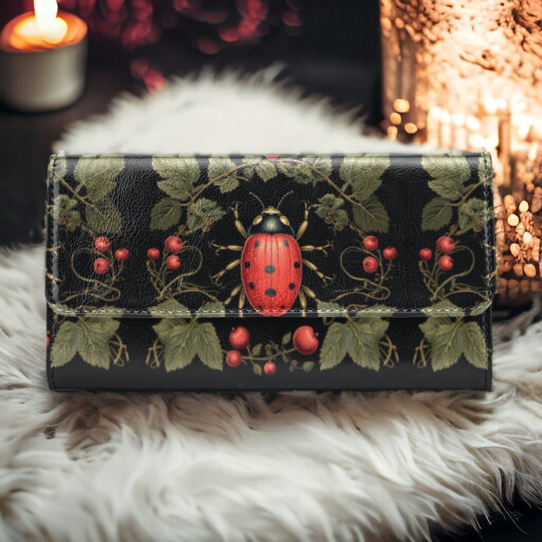Cottagecore Red Ladybug Berry Trifold Wallet, Bug Lover Botanical Vegan ...