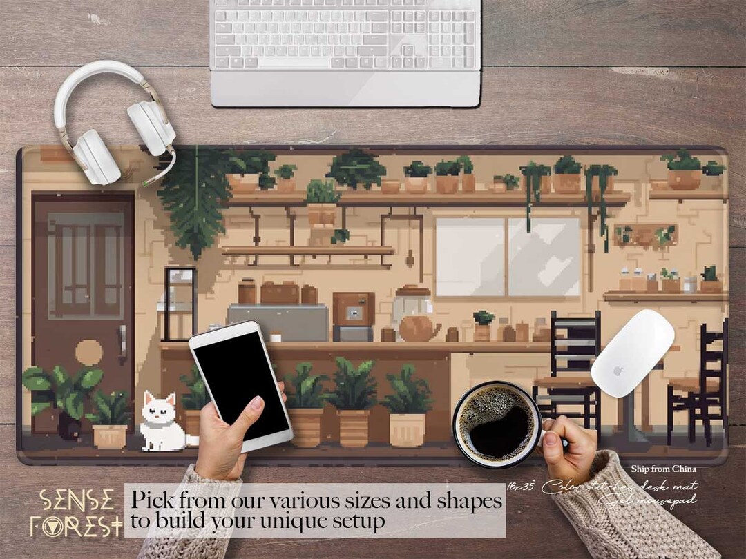 Cute Coffee Shop 8 Bit Pixel Art PU Leather Desk Mat Anime, Cat Plants ...