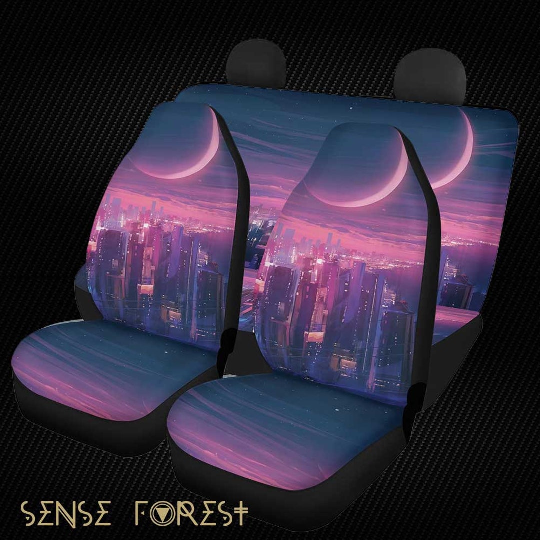 Purple Big Moon Car Seat Covers, Japanese Anime Sky Neon City Car Seat ...