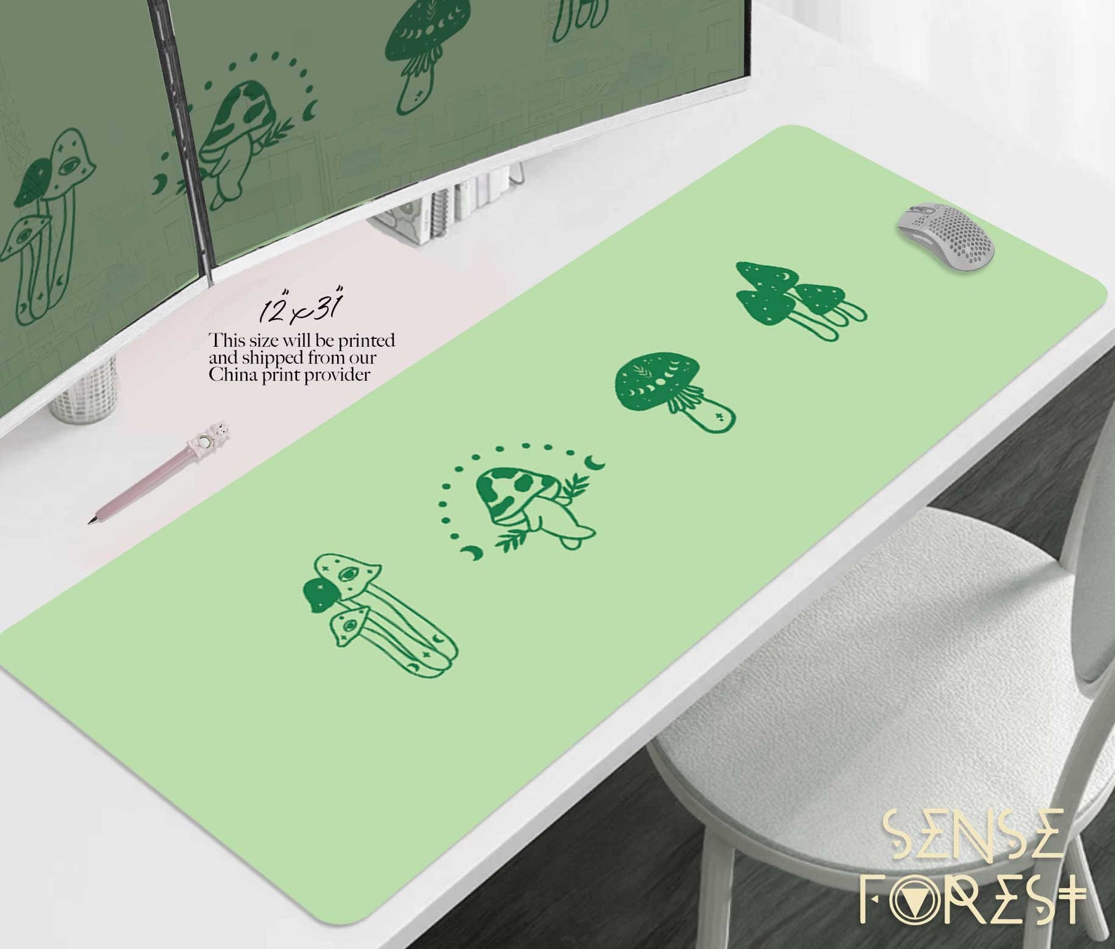 Kawaii Minimalist Baby Mushroom Desk Mat Cute Green Japanese - Etsy