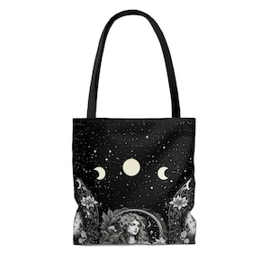 Black Wicca Witchcraft Celestial Moon Boho Witchy Tote Bag, Spiritual ...