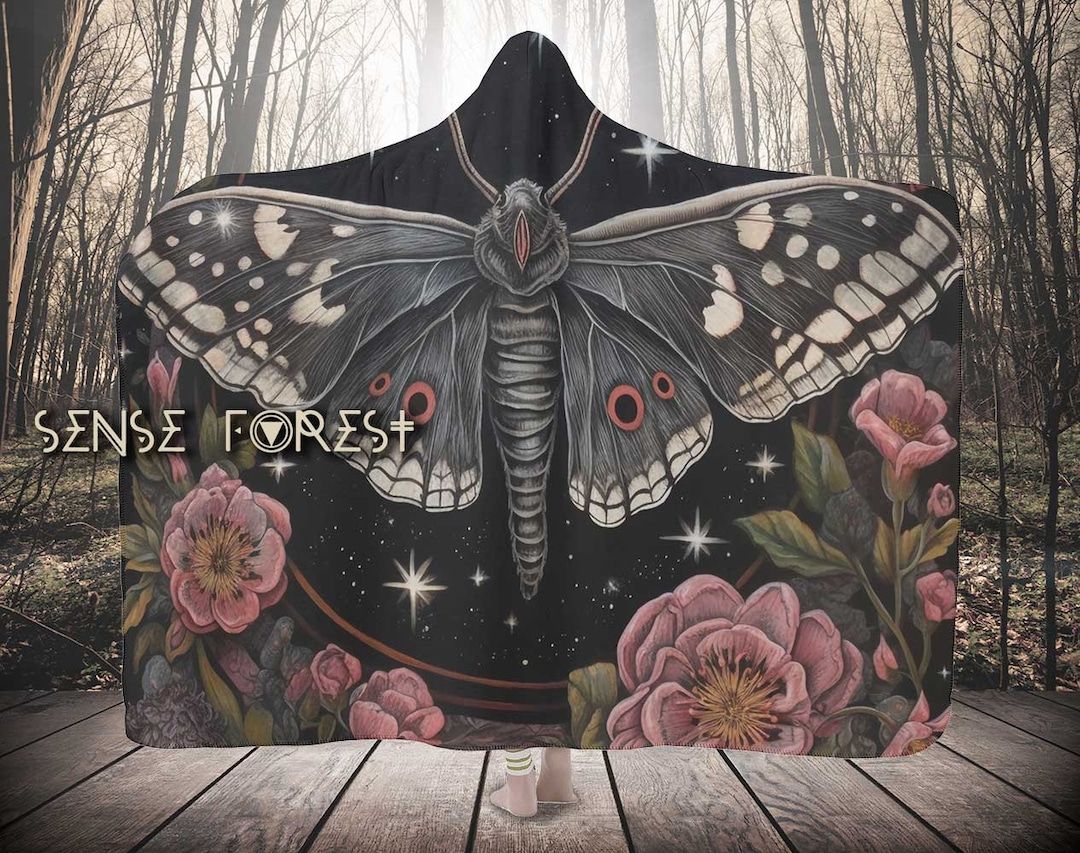 Witchy Cottagecore Big Moth Wings Hooded Blanket, Pink Floral Starry ...
