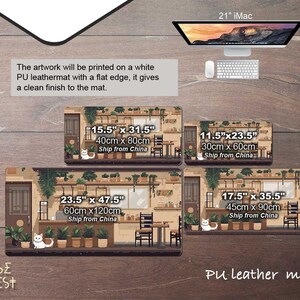 Cute Coffee Shop 8 Bit Pixel Art PU Leather Desk Mat Anime, Cat Plants ...