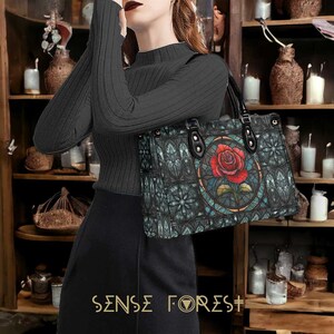 Gothic Teal Stained Glass Rose Top Handles Vegan Leather Tote Purse ...