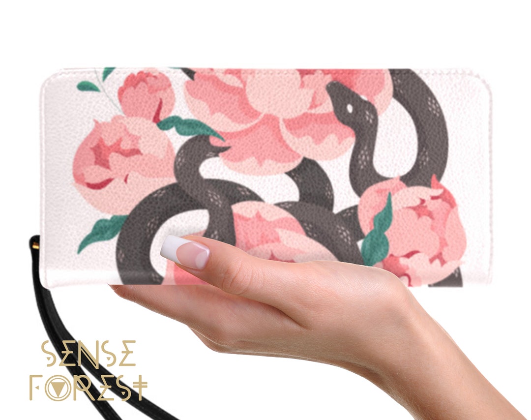 Cute Witchy Peony Snake Clutch Wallet, Pink Kawaii Goth Wallet Vegan PU ...