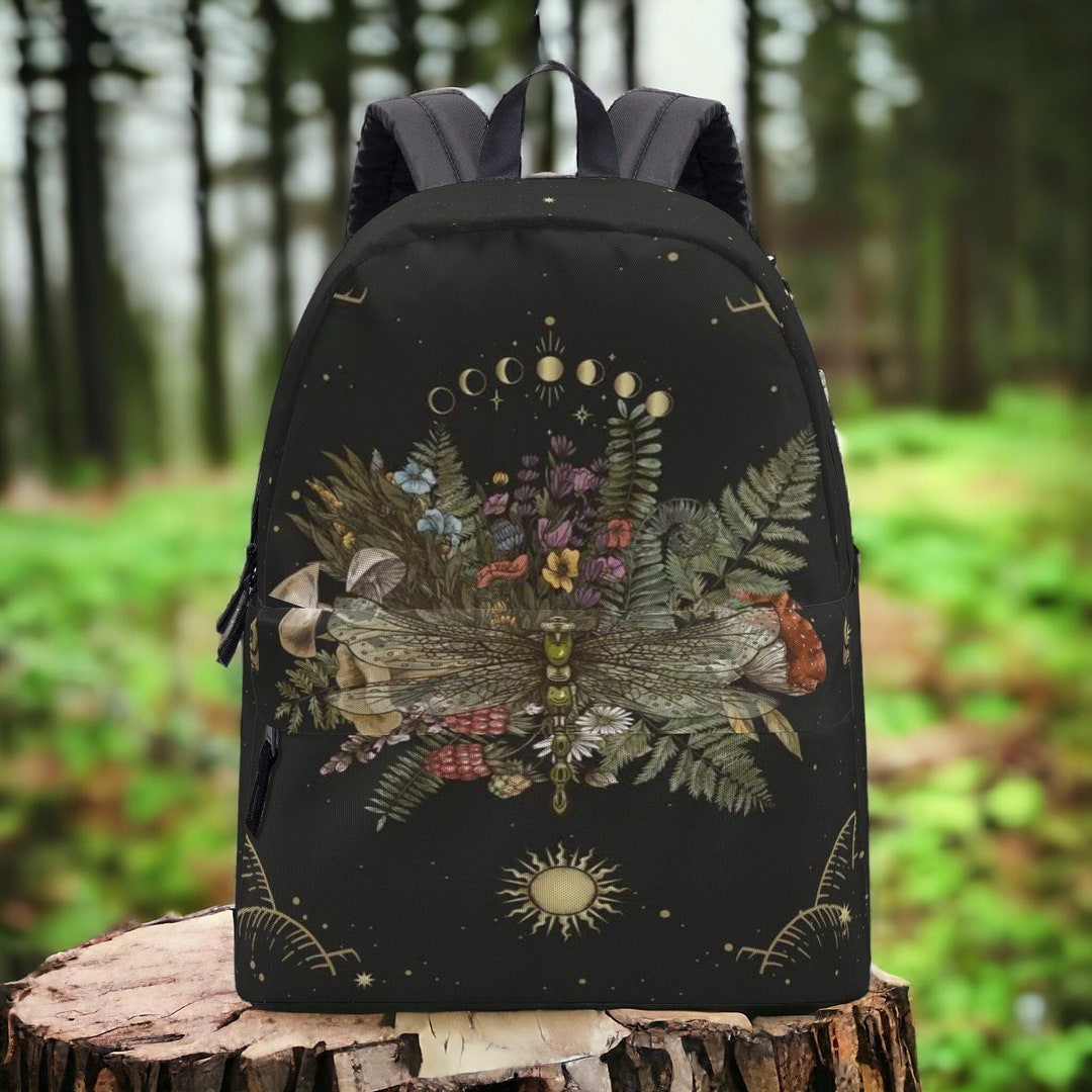 Dark Cottagecore Fern Mushroom Forest Backpack, S M L Sizes, Dragonfly ...