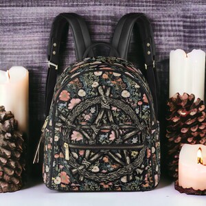 Cottagecore Pink Floral Mini Black Backpack, Wildflower Wicca Pentacle ...