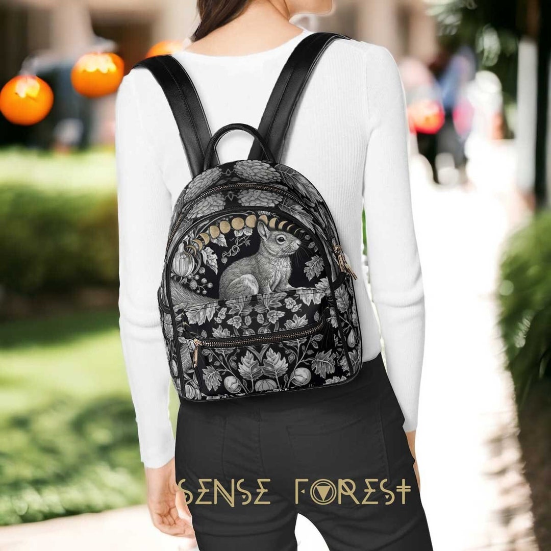 Boho Cottagecore Forest Squirrel Mini Black Backpack, Black Moon Phase ...