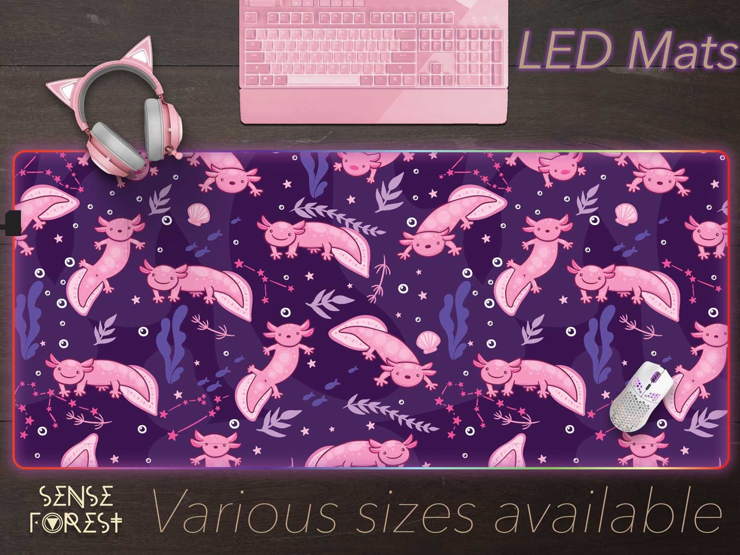 Kawaii Axolotl XXL RGB Gaming Mouse Pad, Walking Fish Long RGB Desk Mat ...