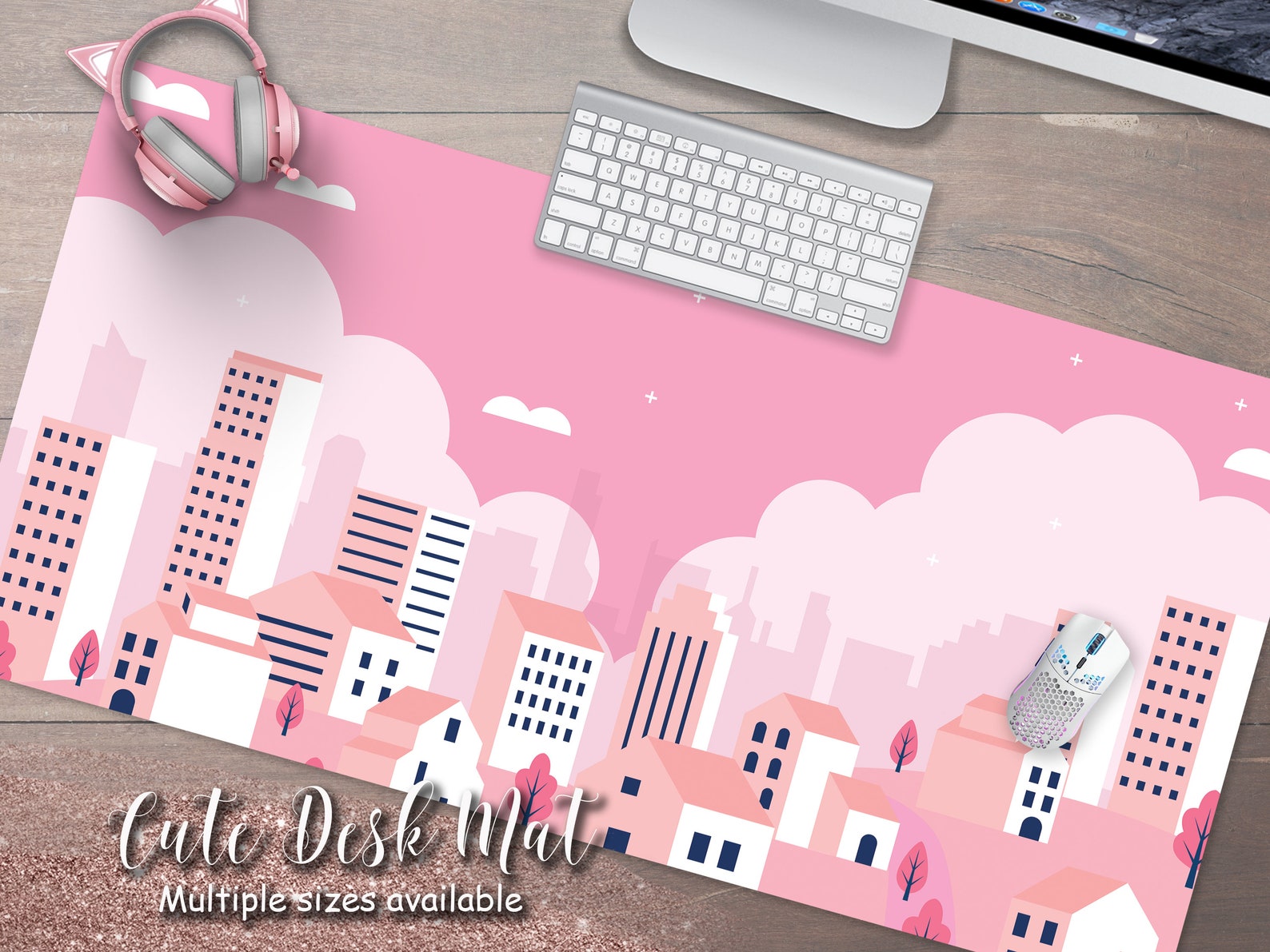 Cute Pink Skyline Desk Mat kawaii landscape deskpad Pink | Etsy