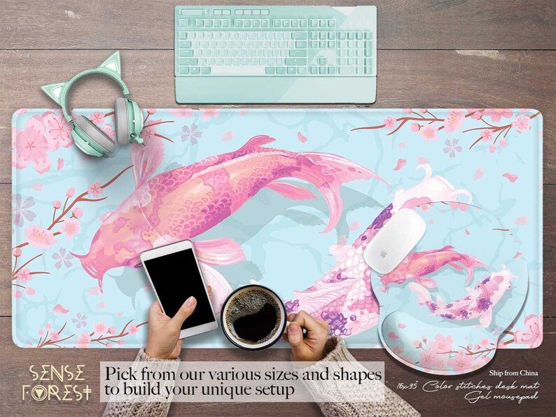 Japanese Anime Turquoise Pink Koi Fish Desk Mat Cute Cherry - Etsy