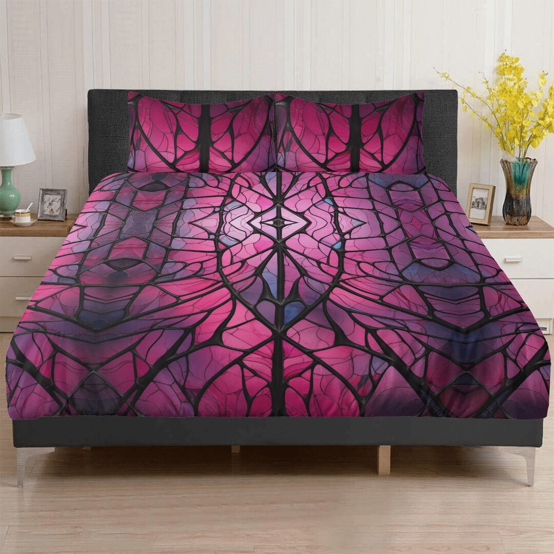 Gothic Pink Stained Glass Black Vein 3 Pcs Beddings, Spooky Goth ...