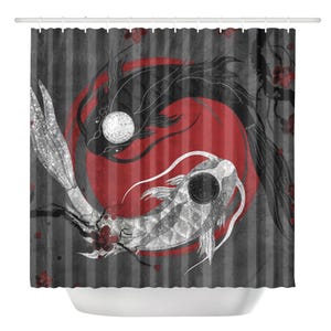 Japanese Red Sun Yinyang Koi Fish Bath Curtain, Anime Koi Black Red ...