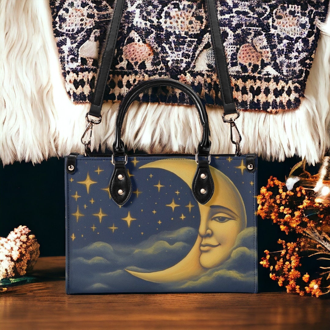 Blue Celestial Moon Stars Boho Top Handles Vegan Leather Tote Handbag ...