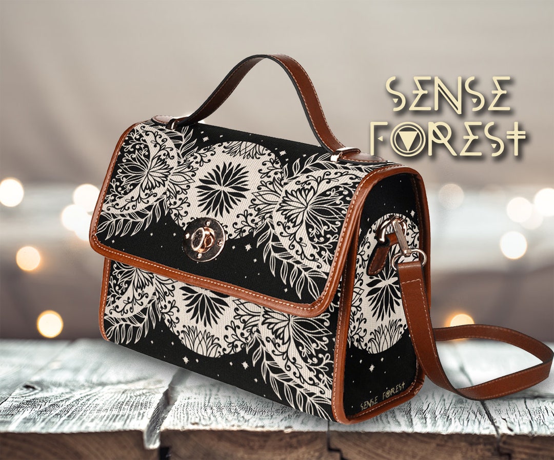 Cottagecore Boho Canvas Satchel Bag, Triple Moon Floral Crossbody Purse ...