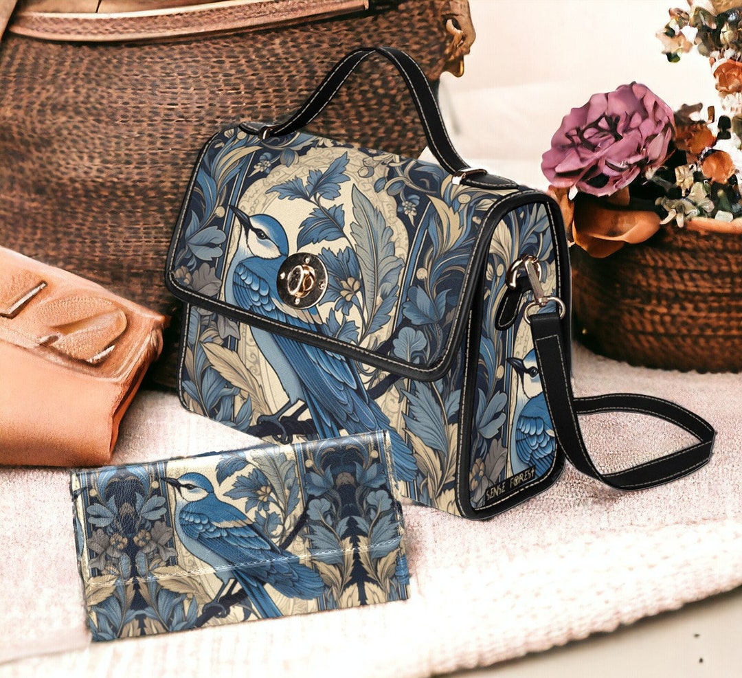 Cottagecore Blue Witchy Bird Mini Messenger Bag, Blue Jay Art Nouveau ...