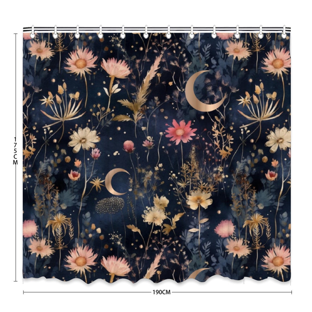 Cottagecore Night Sky Wildflowers Moon Bath Shower Curtain, 12 C-shaped ...