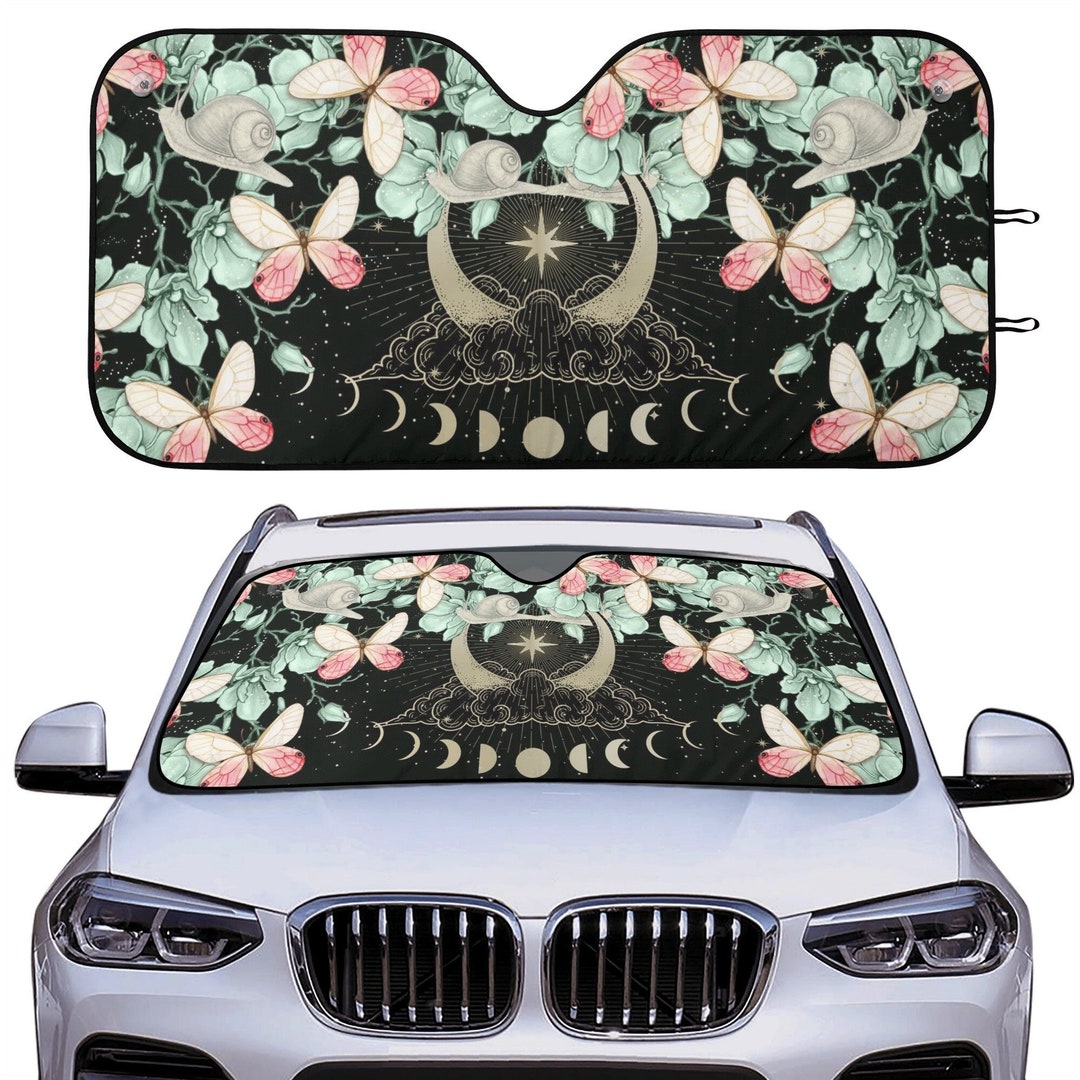 Silver Moon Snail Forest Car Auto Sun Shade, Butterfly Floral Moon ...