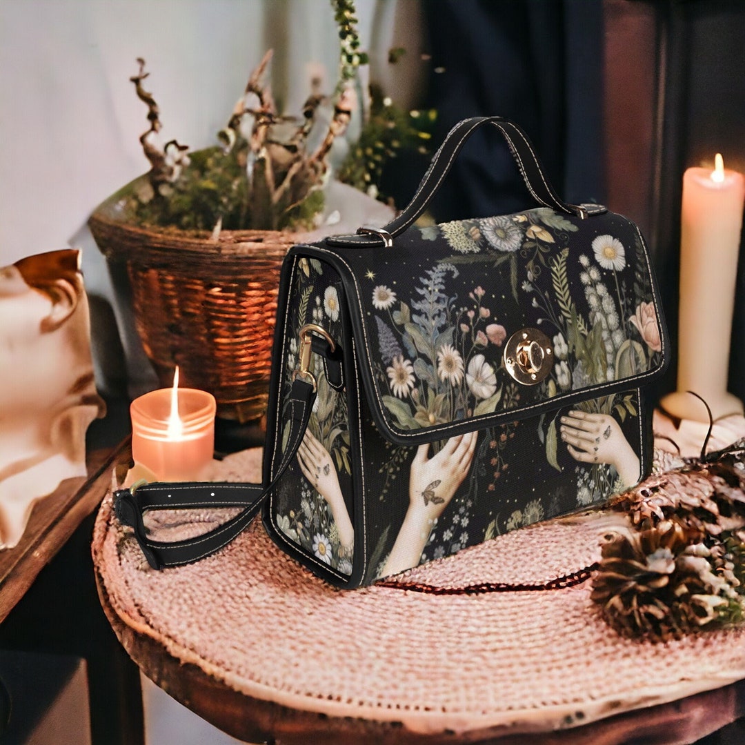 Cottagecore Witchy Wildflowers Forager Canvas Satchel Bag, Floral ...