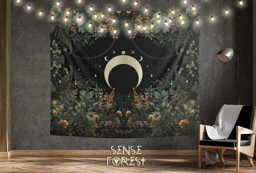 Dark Cottagecore Witchy Moon Forest Tapestry, Boho Mystical Witch ...