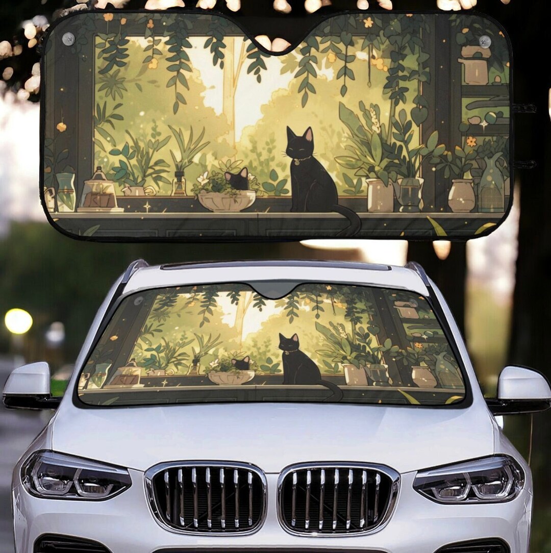 Forest Window Kawaii Black Cat Anime Windshield Sunshade Cover, Green ...