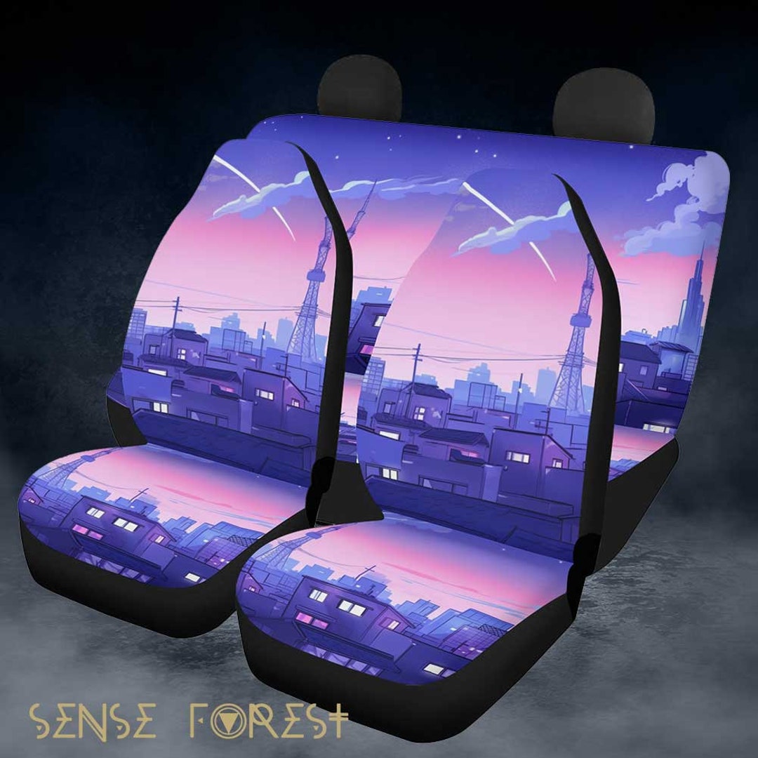 Kawaii Tokyo Tower Pink Sky Car Seat Cover Set, Purple Anime City Front ...