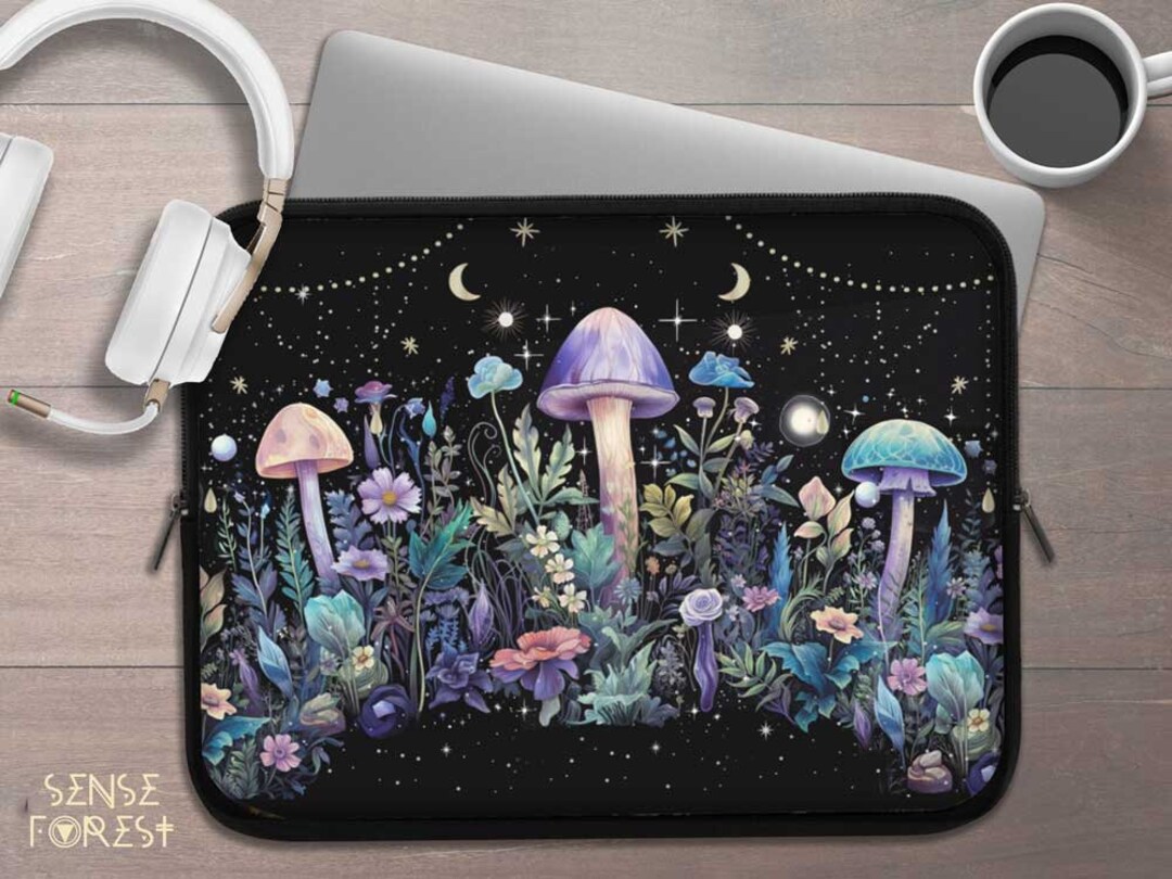 Witchy Cottagecore Peacock Blue Mushroom Laptop Sleeve, Forest Moon ...