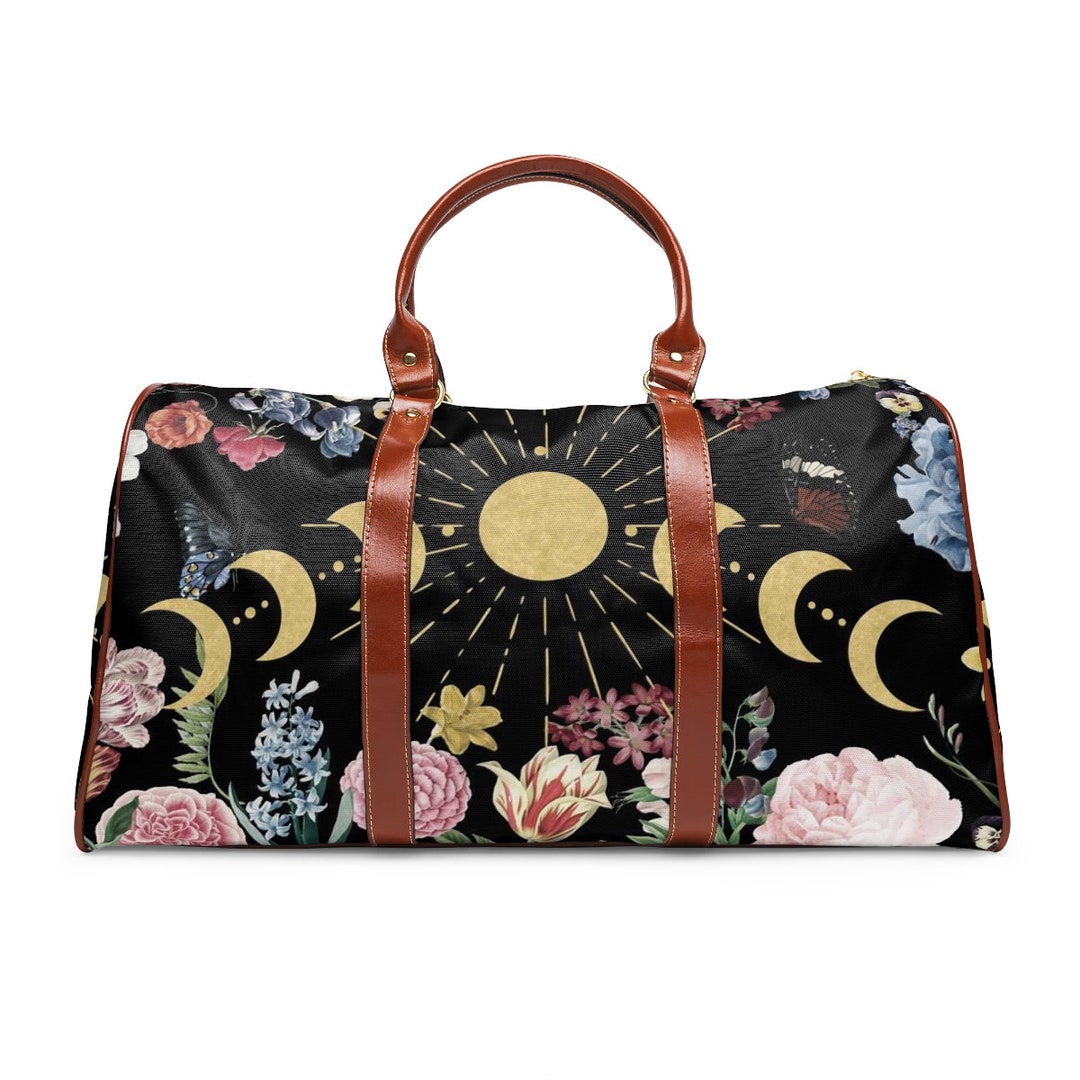 Boho Floral Moon Phase Waterproof Travel Bag, Witchy Cottagecore Large ...