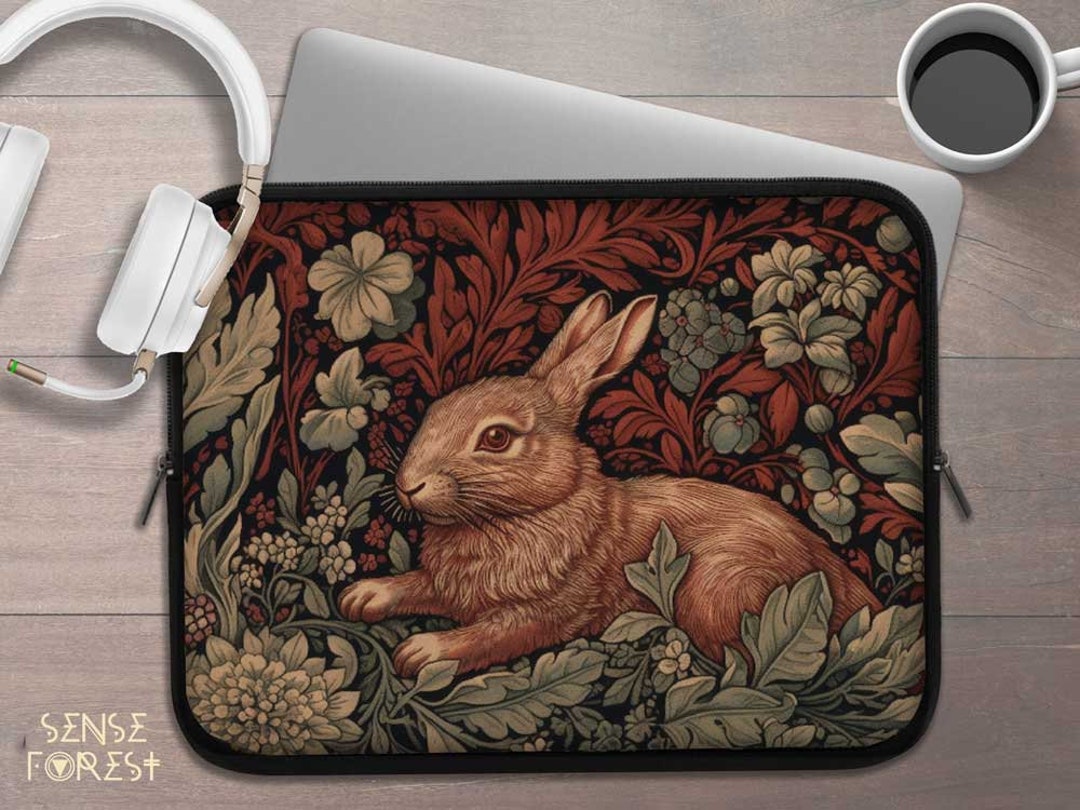 Cottagecore Retro Red Rabbit Floral Laptop Sleeve, Dark Academia Art ...