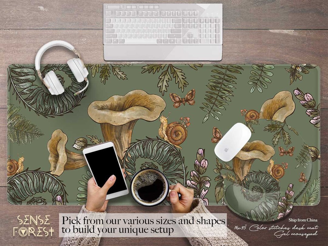 Green Brown Nature Forest Long Desk Mat RGB, Cute Sage Cottagecore ...