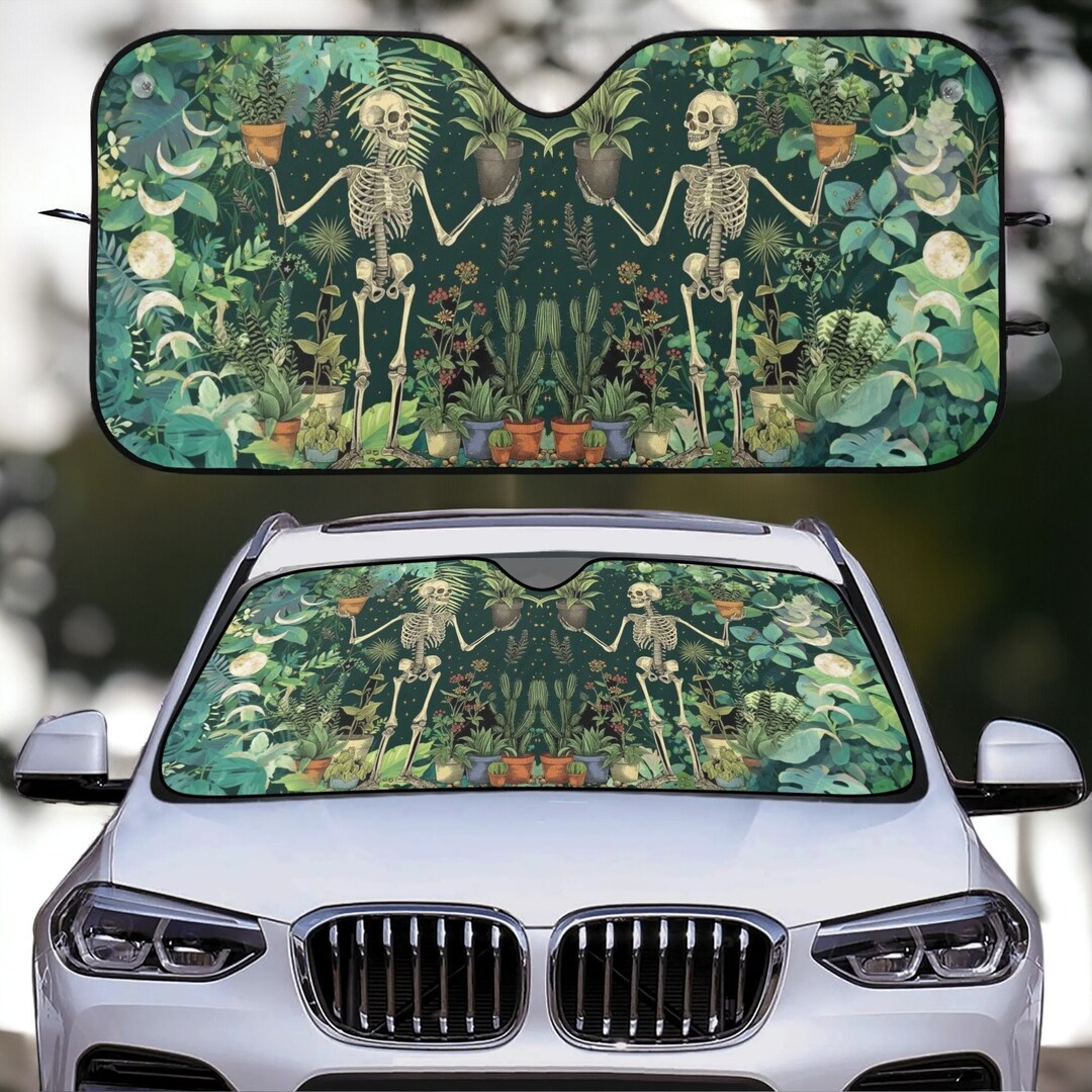 Green Car Shade, Plant Lover Skeleton Car Windshield Cover Sun Shade ...