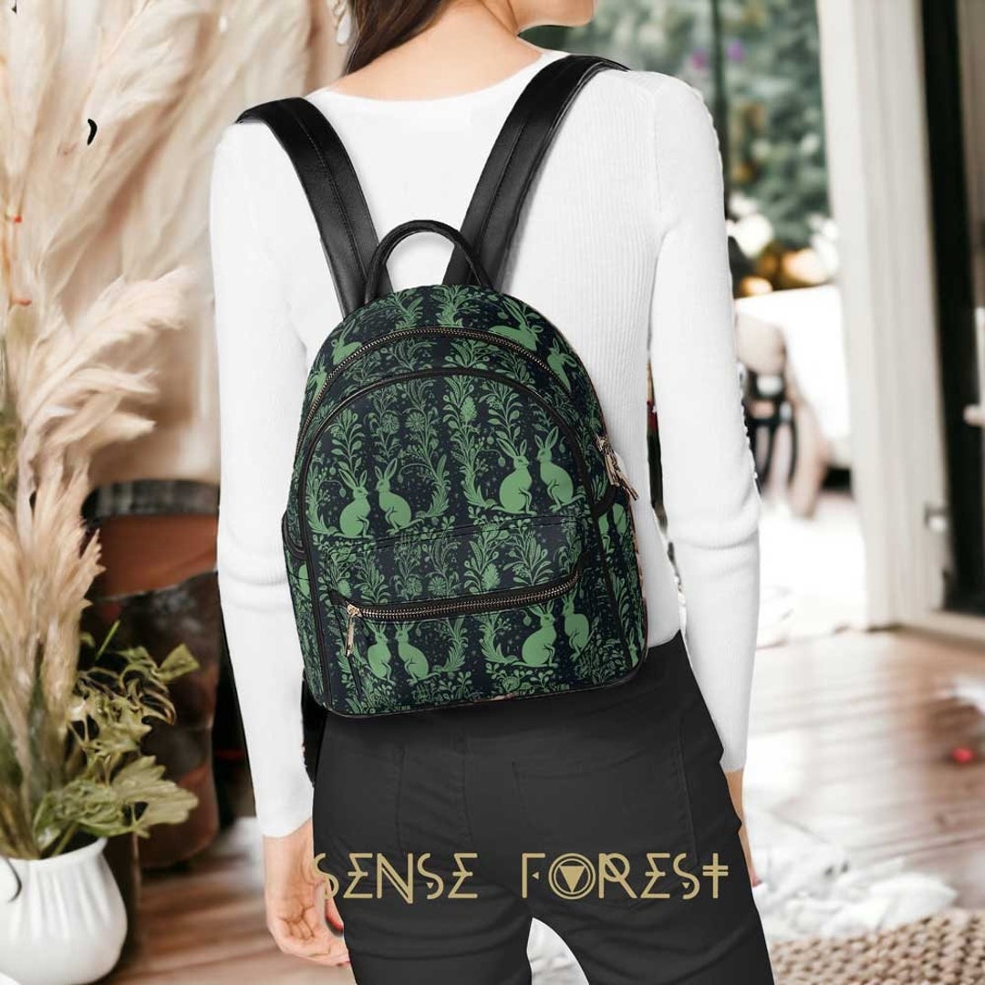 Cottagecore Green Forest Rabbit Backpack, Vintage Lino Print Animal ...