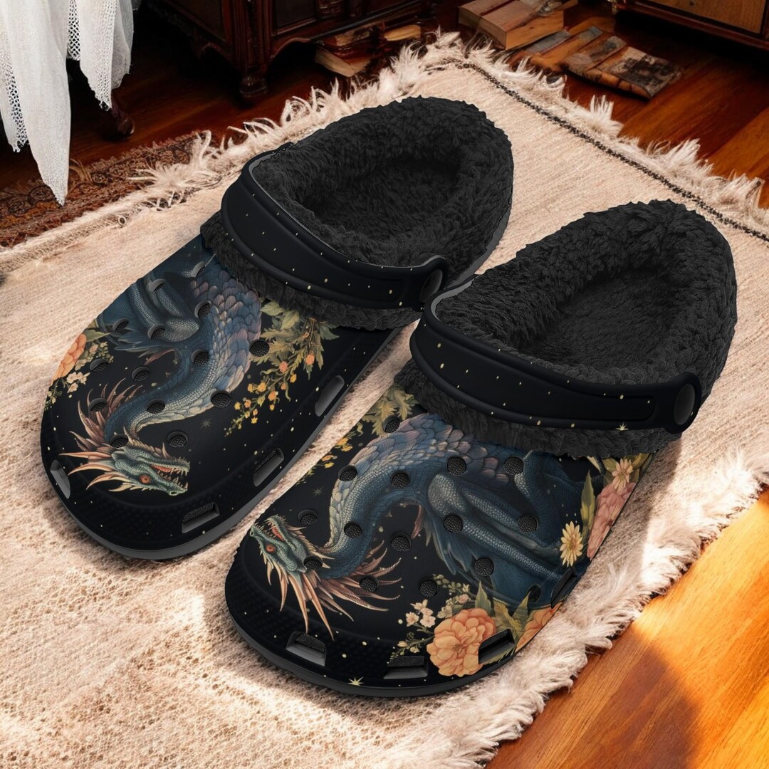 Black Dragon Fantasy Book Lovers Slides, Nursing Slip on Clogs, Warm Winter Home Slippers With ...