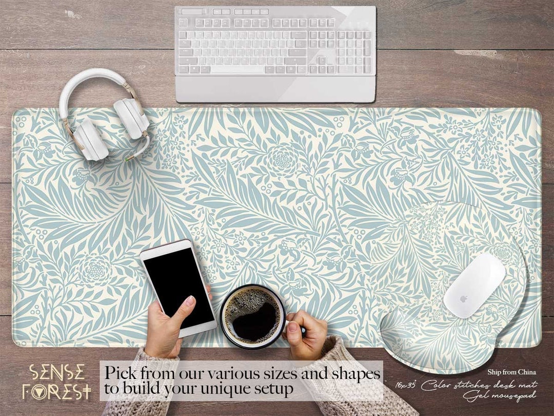 Vintage Teal Blue Floral Desk Mats, Turquoise Boho Botanical Desk Mat ...