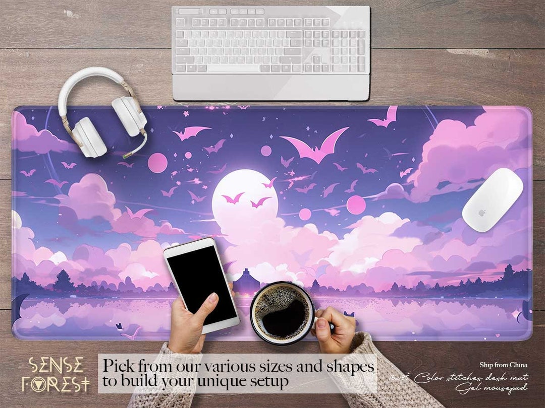 Pastel Purple Pink Bats Anime Sky Desk Mat RGB, Cute XXL Gaming PU ...