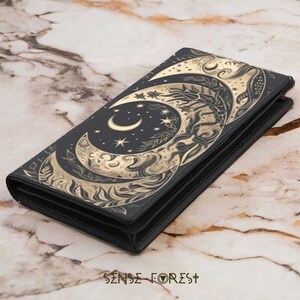 Boho Witchy Moon Floral Bi-fold Wallet, Moon Phase Vegan Leather Wallet ...