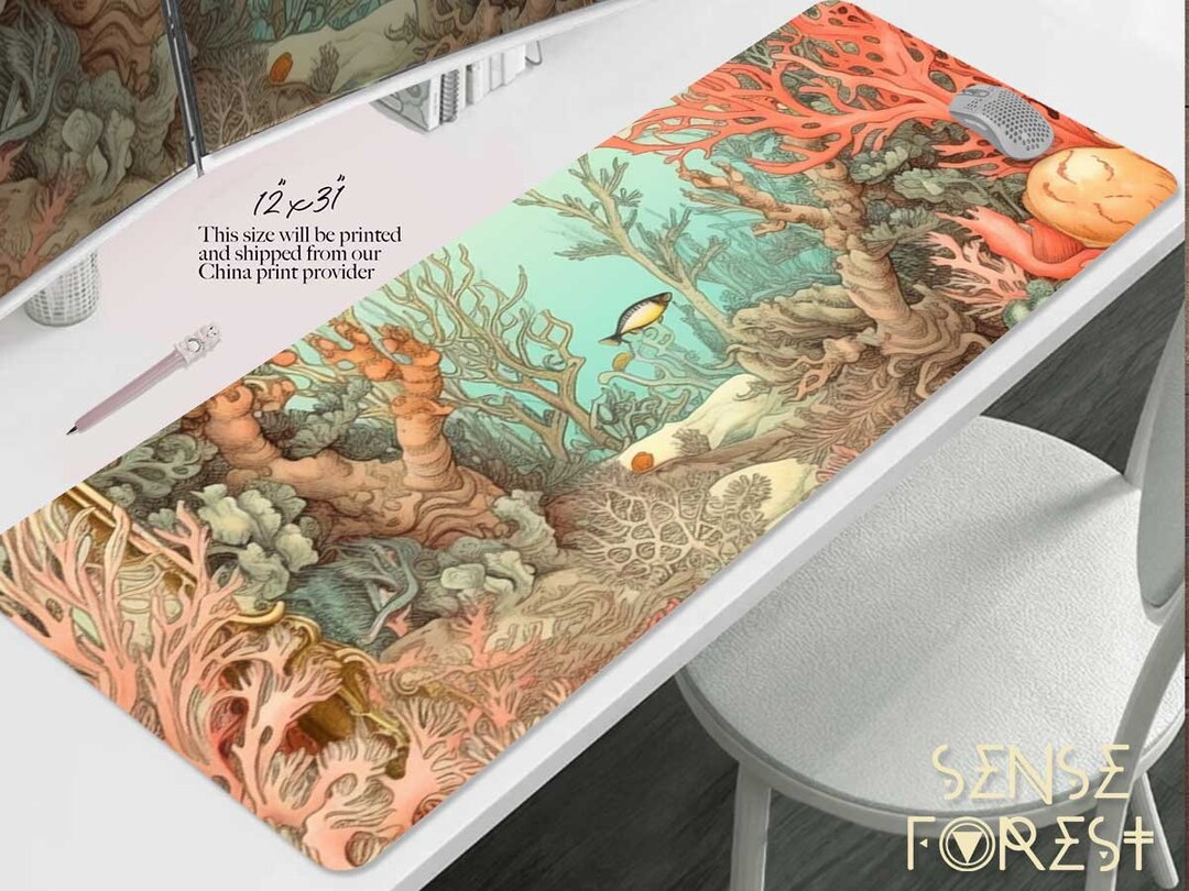 Coral Reef Blue Ocean PU Leather Desk Mat, Coastal Marine Sea Life XXL ...