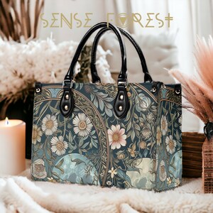 Maximalist Cottagecore Teal Floral Moon Top Handles Vegan Leather Tote ...