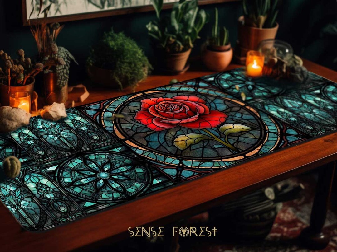 Medieval Gothic Stained Glass Rose PU Leather Desk Mat, Renaissance XXL ...