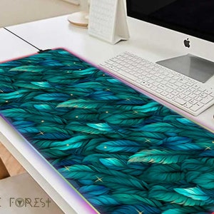 Teal Green Turquoise PU Leather Desk Mat, Peacock Feather XXL Witchy ...