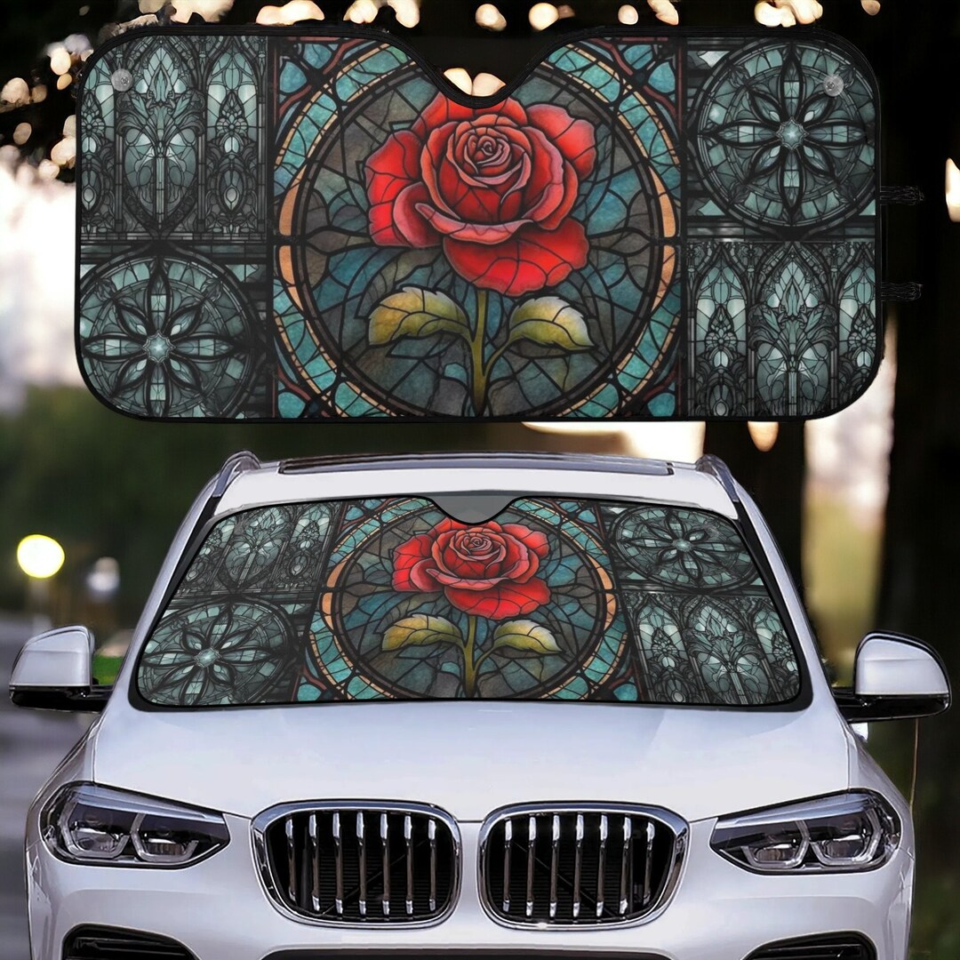 Medieval Stained Glass Rose Art Car Sunshade Windshield Cover, Gothic ...