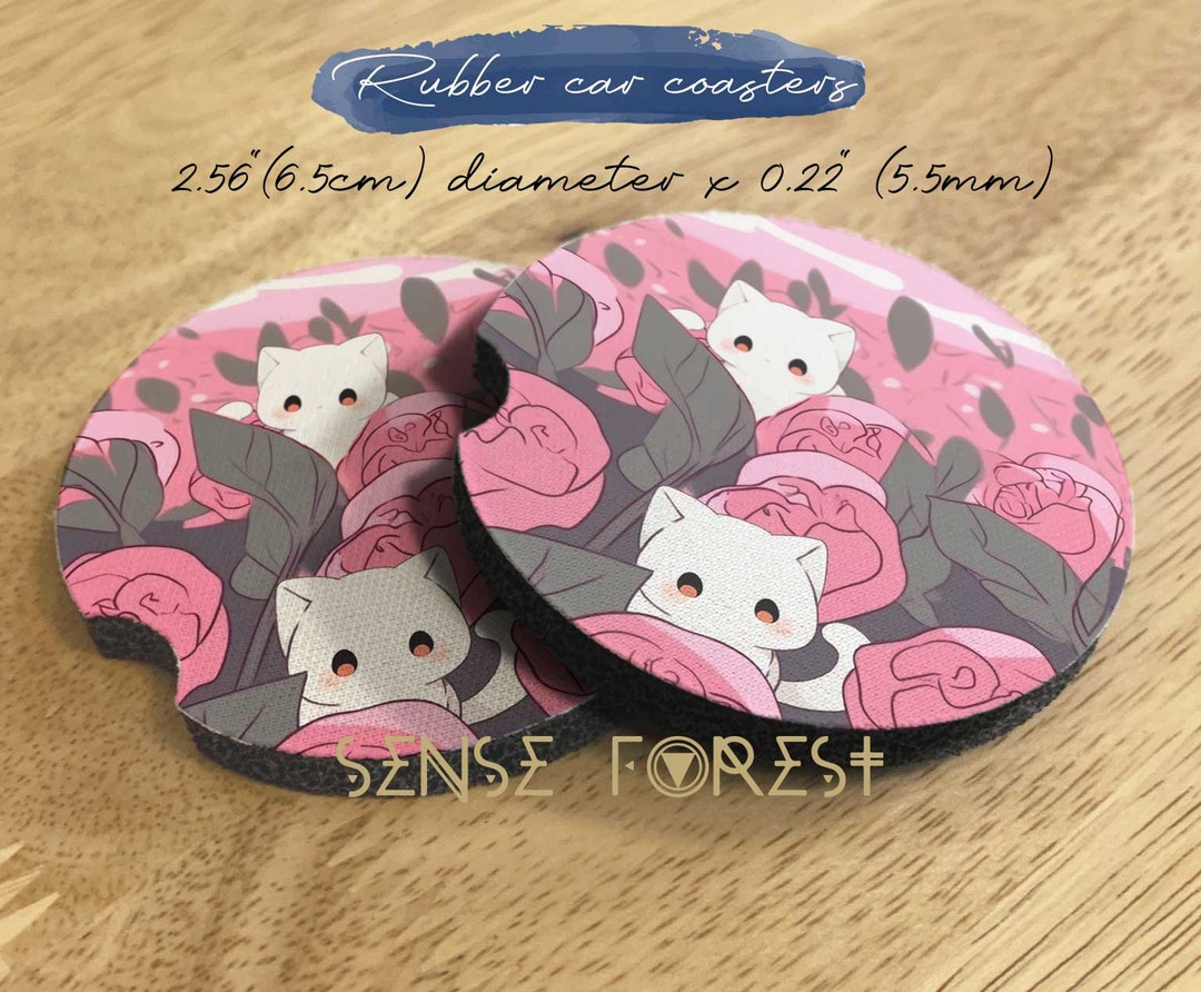 Kawaii White Cats Pink Rose Rubber Car Coaster, Cute Japanese Anime ...