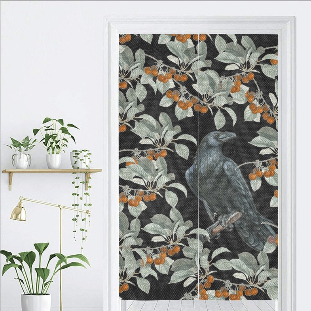 Dark Cottagecore Noren Curtain, Forest Crow Witchy Door Curtain Panels ...