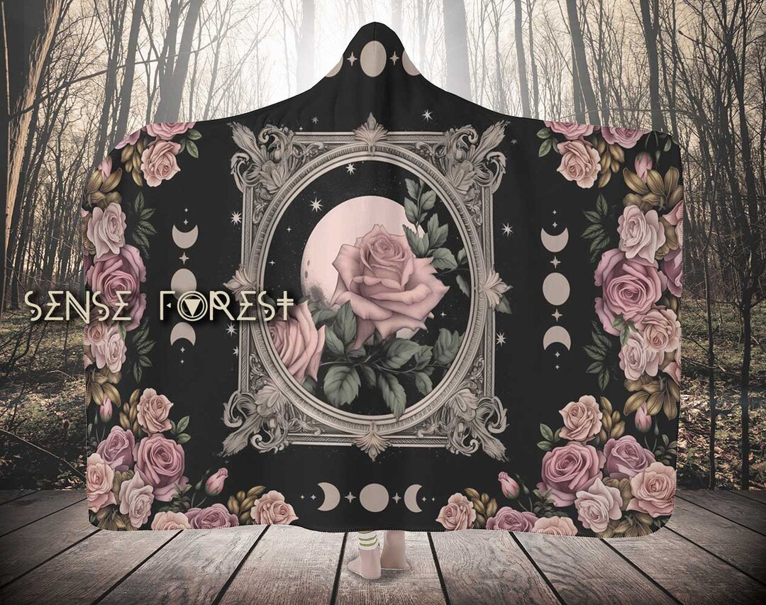 Witchy Cottagecore Floral Moon Hooded Blanket, Boho Rose Moon Phase ...