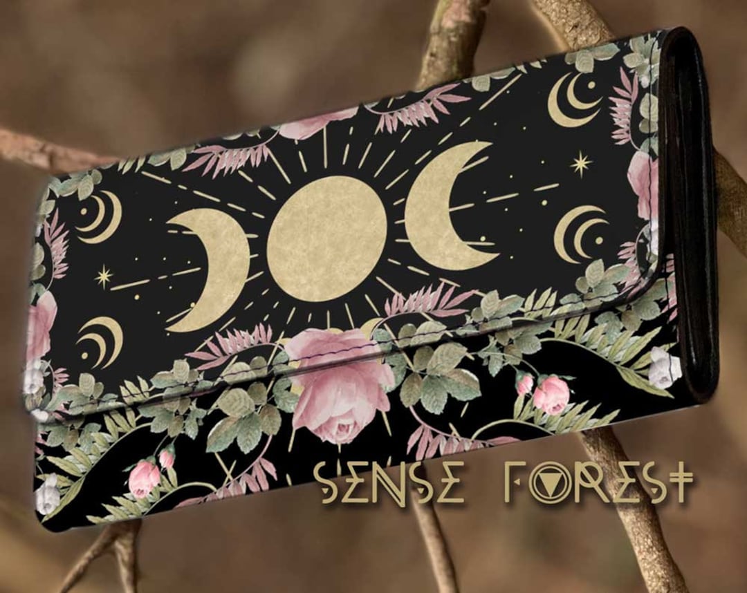 Floral Moon Cottagecore Trifold Wallet, Boho Triple Moon Vegan Leather ...