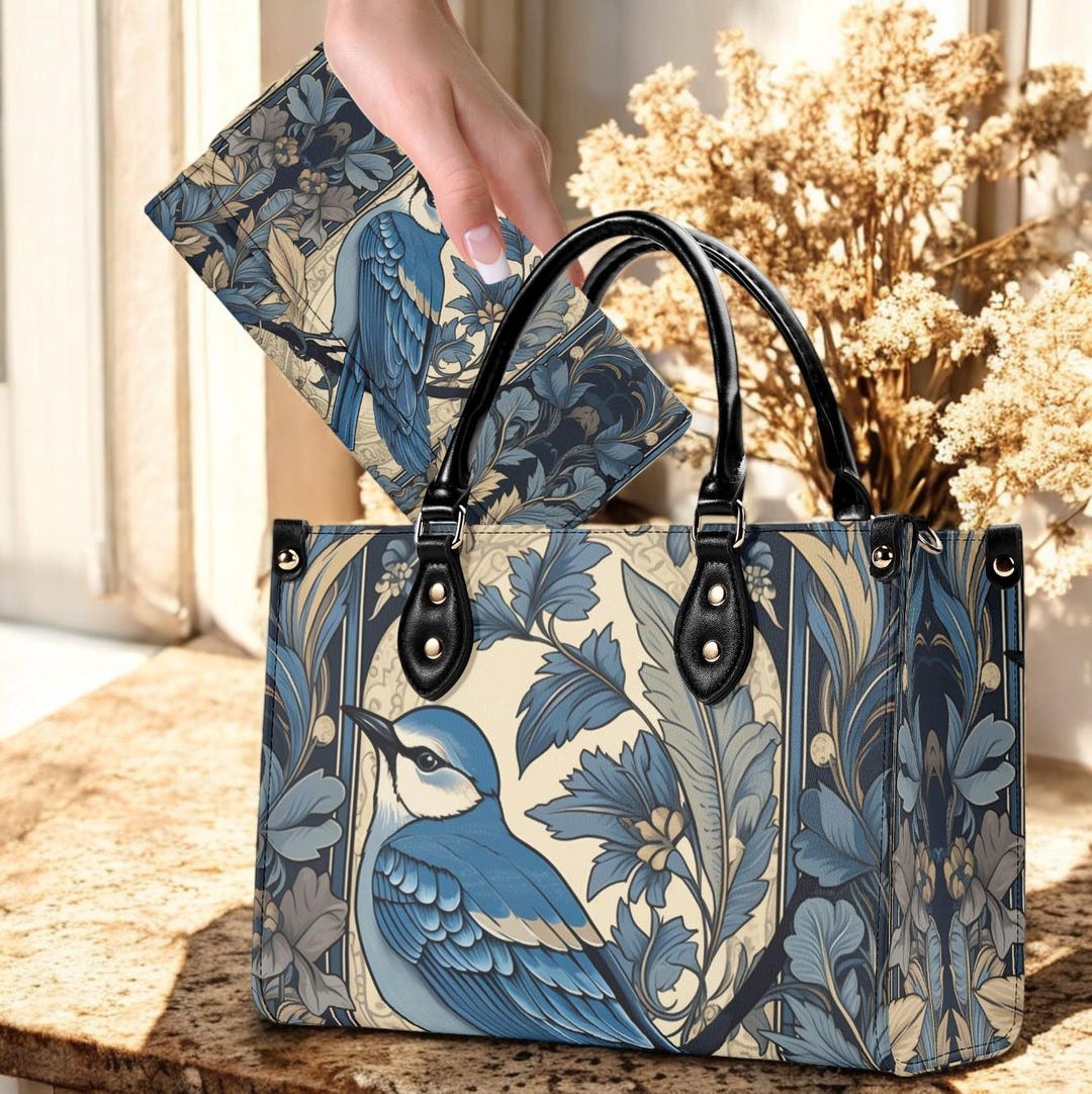 Blue Jay Art Nouveau Top Handles Vegan Leather Handbag Purse, Shoulder ...