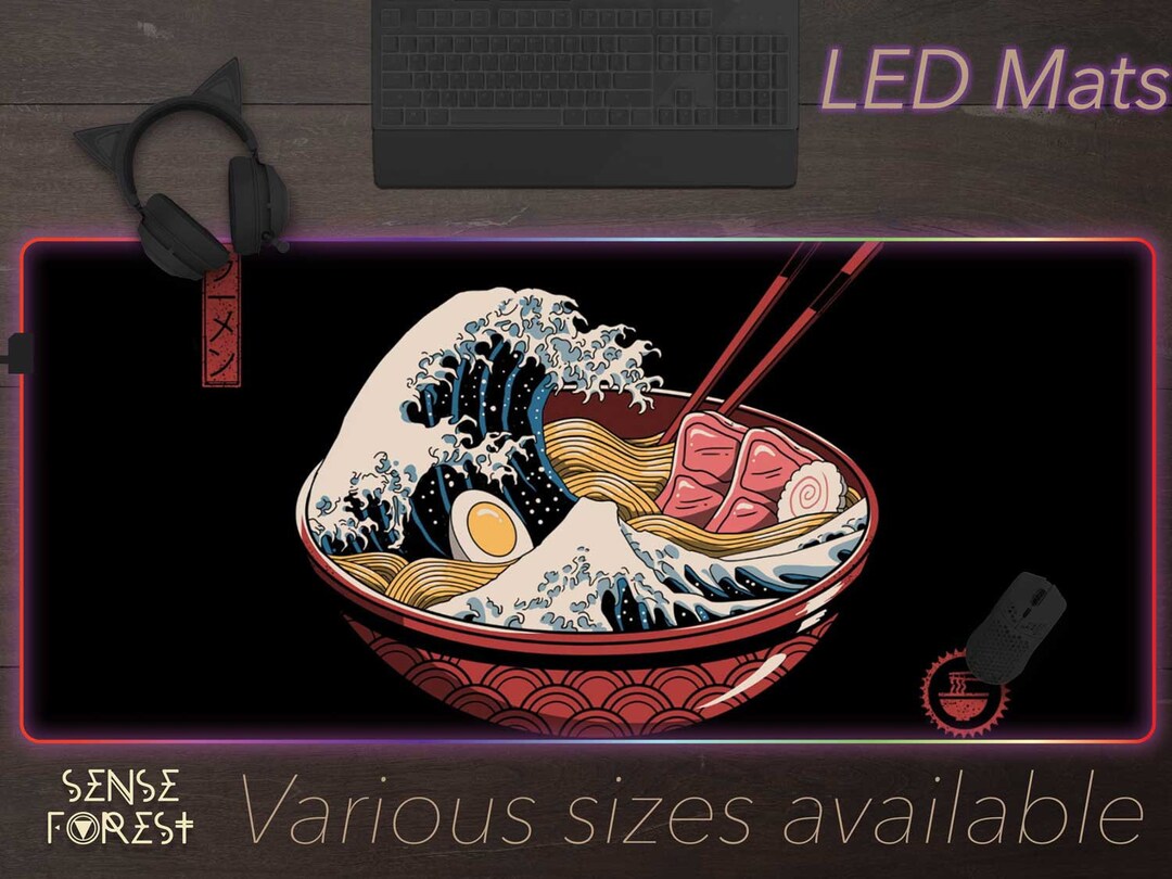 RGB Japanese Ramen Bowl Gaming Desk Mat, XXL Great Wave Ramen Kawaii ...