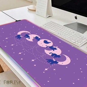 Purple Cute Moon Cat PU Desk Mat RGB Cute, Whimsical Flipping Cats ...