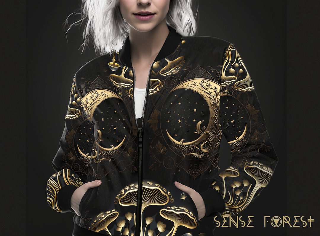 Black Gold Mystical Witchy Mushroom Moon Women Bomber Jacket, Wicca ...